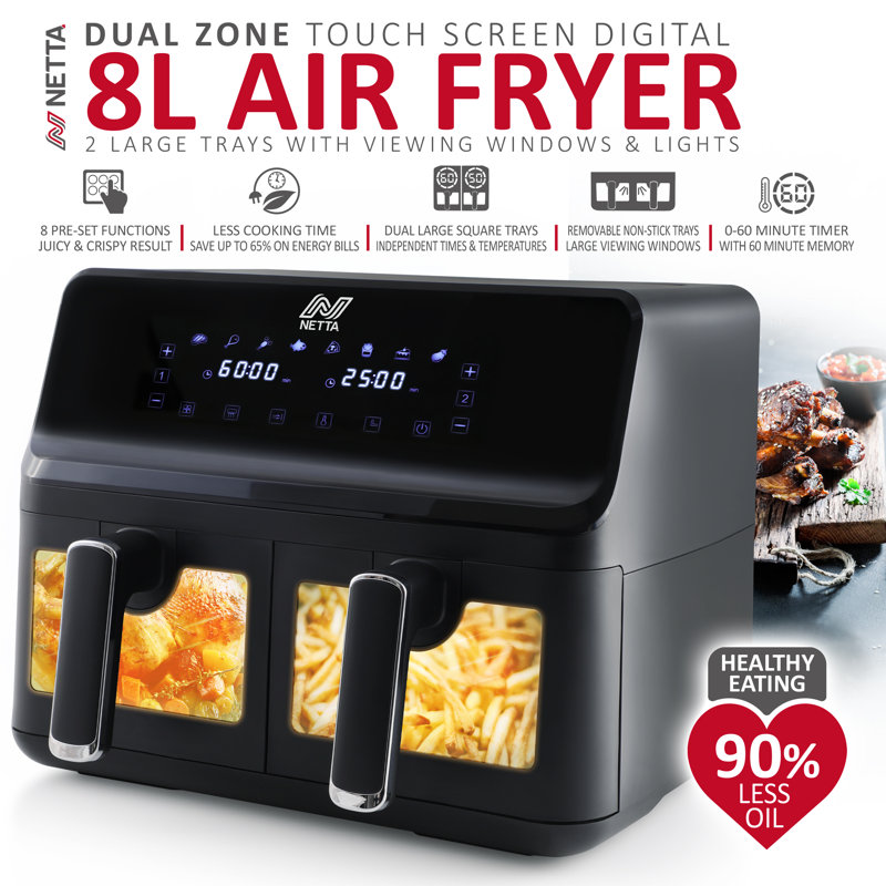 Netta 8l Dual Basket Low Energy Air Fryer With Digital Smart Programmes - 2 Large Drawers, 8 Pre ...